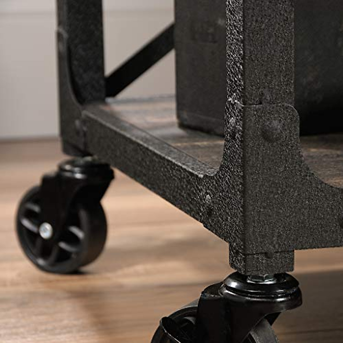 Sauder Steel River Side Table, L: 22.44" x W: 21.65" x H: 23.11", Carbon Oak Finish