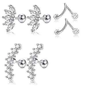 JOERICA 3 Pairs Stainless Steel Silver Ear Cartilage Earrings for Women Tragus Helix Earring Cute Conch Flat Back Piercing Jewelry 16G