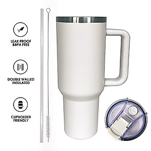 40 oz Tumbler with Handle and Straw Lid,Insulated Reusable Stainless Steel Water Bottle Travel Mug，Cupholder Friendly Double Wall Vacuum Sealed Cup Rice White