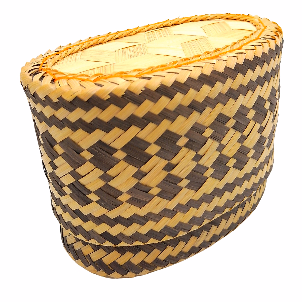 Bamboo Sticky Rice Serving Basket 6 x 3.7 Inch, Kratip, Intricately Woven Container, Oval-Shaped Pattern, Thailand Handmade, Dyed with Natural Based Black Charcoal (Mini Heart) (Double Square)