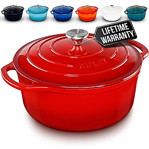 Zulay Kitchen 6 Quart Enameled Cast Iron Dutch Oven with Lid – Premium Durability & Oven Safe up to 500°F – Heavy Duty Cookware Perfect for Bread Baking, Stews, Braising & Roasting – Red