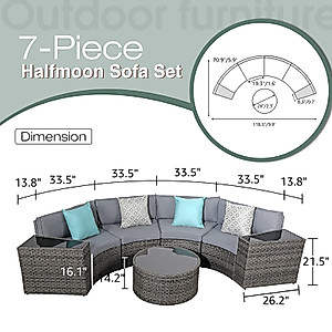 SUNSITT Outdoor Patio Furniture Sectional 7-Piece Half-Moon Curved Outdoor Sofa Set with Round Coffee Table, 4 Pillows & Waterproof Cover, Grey Rattan
