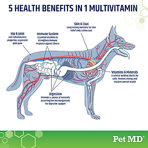 Pet MD 5in1 Dog Multivitamin - 30 Essential Vitamins, Minerals & Nutrients for Skin & Coat, Hip & Joint, Digestion, Immune & Senior Dog Vitamins - Glucosamine, Omega 3 6 9, & Probiotics - 120 ct