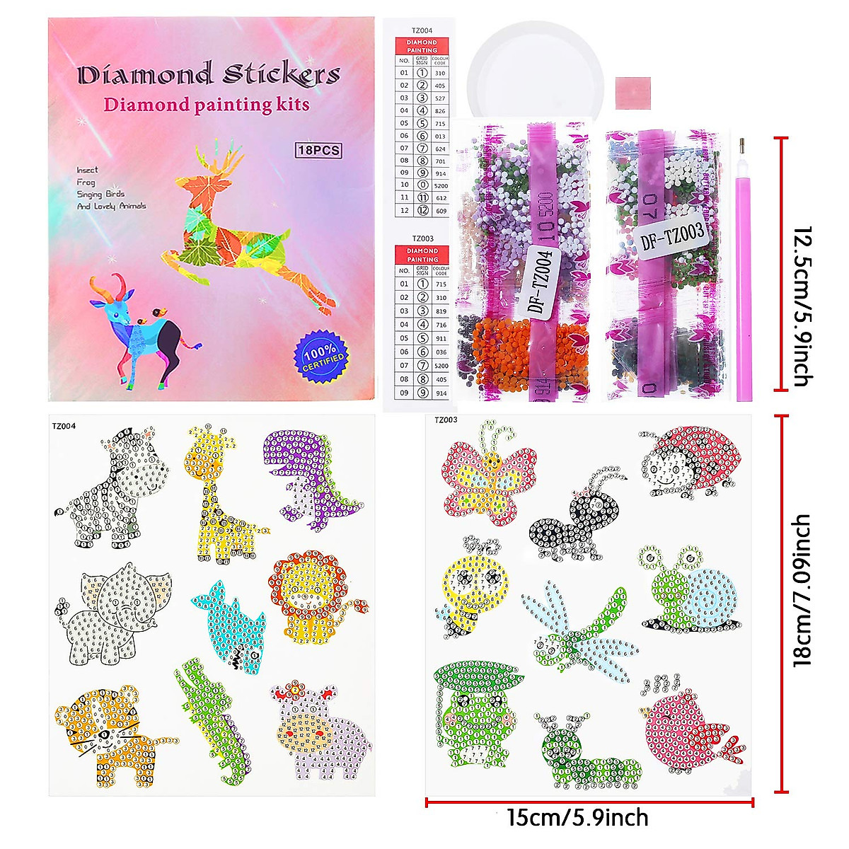 sinceroduct 5D Diamond Painting Stickers Kits for Kids Arts and Crafts, Cartoon Stickers Stick Paint with Diamonds by Numbers, 18Pcs Cute Insect, Animals, Easy to DIY