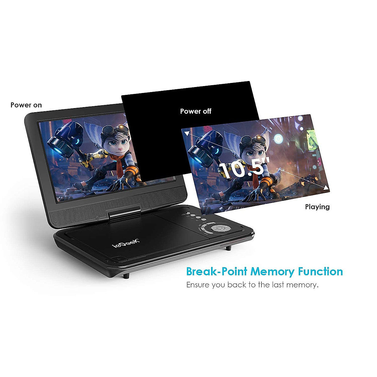 ieGeek Portable DVD Player 12.5", with 10.5" HD Swivel Screen, Car Travel DVD Players 5 Hrs Rechargeable Battery, Region-Free Video Player for Kids Elderly, Remote Control, Sync TV, USB&SD, Black