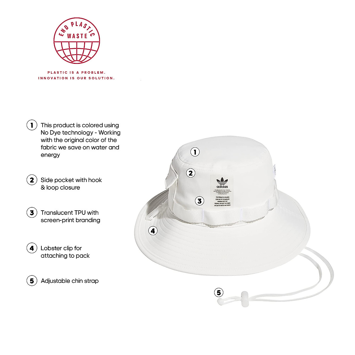 adidas Originals Boonie Bucket Hat, Non Dyed White/White, One Size