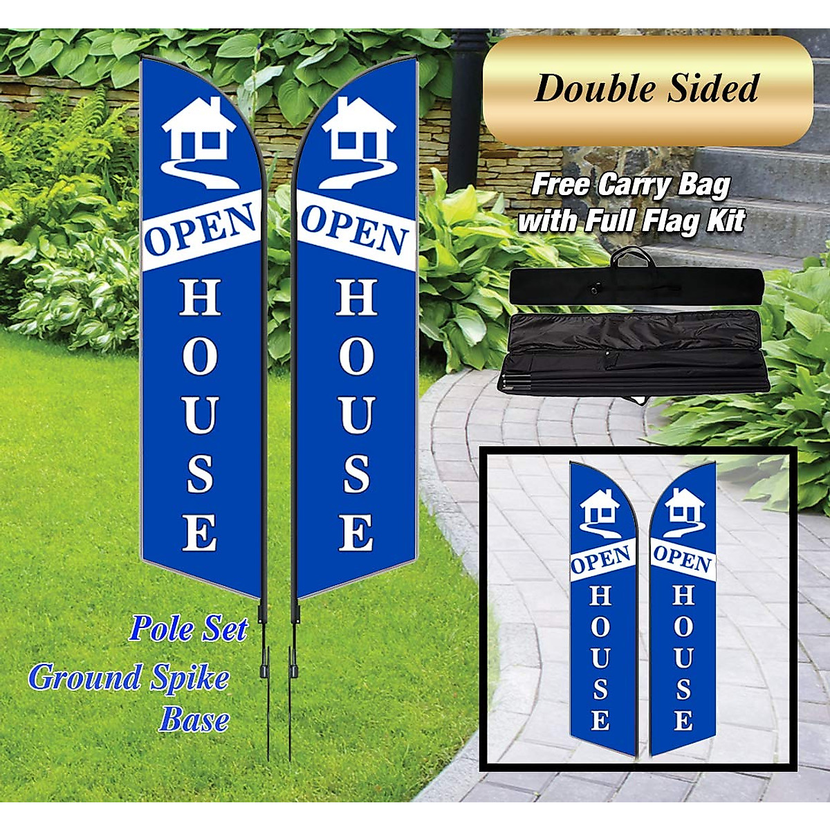 BannerBuzz Blade Flag “Open House”, 2' X 7.58' | 13' ft Long Graphic with Hardware Includes Aluminum Flag Pole & Ground Spike Base (Double Side Print)
