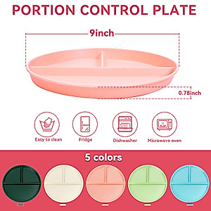 DYB DONGYONGBAO Portion Control Plate For Weight loss 9Inch 5PS, Reusable Wheat Straw Round Plastic Divided Dinner Plates, Microwave And Dishwasher Safe, Suitable For Kids And Adults