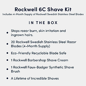 Rockwell 6C Shave Kit (White Chrome) | Includes Safety Razor with 6 Adjustable Settings, Shaving Cream, Synthetic Shave Brush, & 4 Month Supply Swedish Stainless Steel Razor (20 Blades), 4 Piece Set