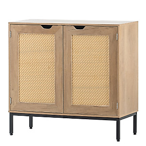 HESIEU Country Style Storage Cabinet with 2 Rattan Doors Natural Wood Sideboard Decorative Table Shoe Cabinet Office Cabinet with Metal Legs for Dining Room Kitchen Hallway Office