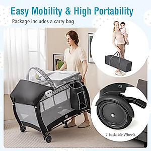 BABY JOY 4 in 1 Pack and Play, Portable Baby Playard with Bassinet, Adjustable Canopy, Changing Table, Lockable Wheels, Glowing Music Box, Travel Baby Crib Bassinet Bed from Newborn to Toddler Grey