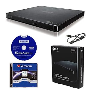 Produplicator LG BP60NB10 Portable 6X Ultra HD 4K Blu-ray Burner External Drive with CyberLink Software, 100GB M-DISC BDXL, and USB Cable - Burns CD DVD BD DL BDXL Discs