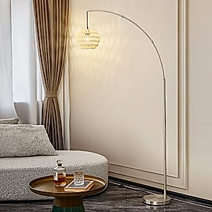 OYEARS Modern Arc Floor Lamp for Living Room Bedroom Office 82'' Vintage Arching Hanging Lamp with Rope Linen Shade Brushed Steel Arch Standing Lamp Floor Light Silver(Bulb Included)