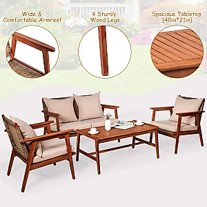 Tangkula 4 PCS Patio Wood Sofa Set, Outdoor Acacia Wood Seating Chat Set with Cushions & Coffee Table, Sectional Conversation Sofa Set for Garden, Backyard, Poolside (1, Brown)