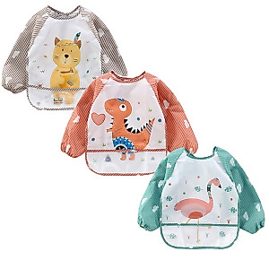 3-Pack Baby Long Sleeve Waterproof Bib Full Coverage Apron Bib Smock Toddler Bibs with Pocket 9-36 Months