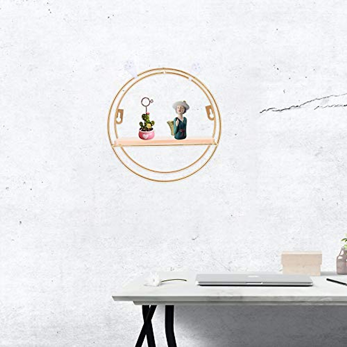 Cabilock 1pc Shelf Book Wood Sculpture Holder Rack Durable Metal Wire Vase Art Golden Wall-Mounted Wrought Room Bathroom Entryway Home Style Round Living Storage Rustic Plant Key Mounted