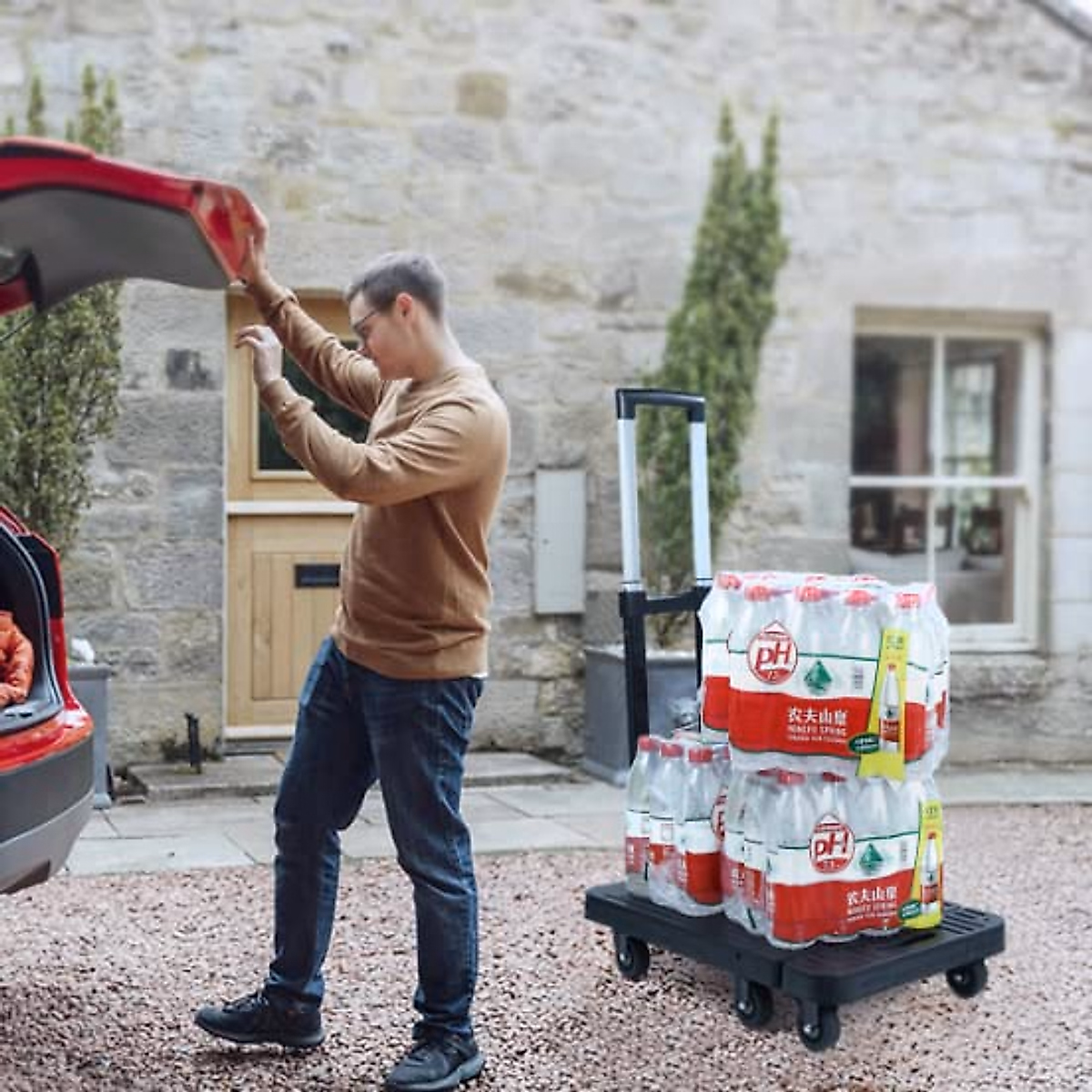 Hand cart Luggage cart Flat Dolly, Folding, Utility Dolly Lightweight Cart with 6 Wheels ，Travel Moving Shopping Office Use，Black