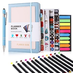 Update Pu Leather Monthly&Weekly Life Planner Organizer Notebook Gratitude Journal Productivity Journal with Pen,12 Colors Fineliner Pen&Stickers Time Management for Men&Women(Lightblue)