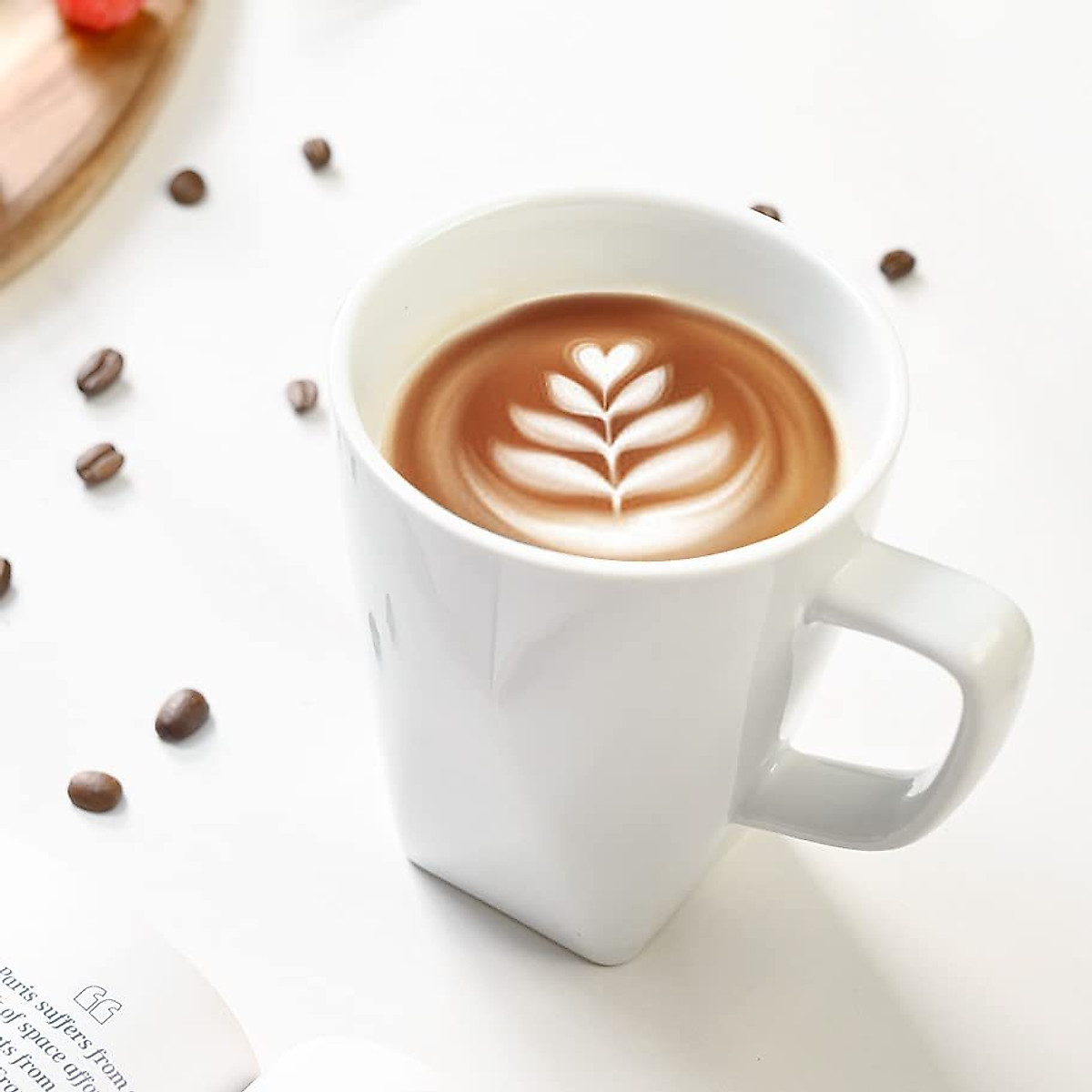 WishDeco Coffee Mugs Set of 6, White Mugs with Handle, 14oz Porcelain Coffee Cups, Ceramic Tea Cups, Large Mugs for Latte, Cappuccino, Milk, Juice, Cocoa, Square Bottom