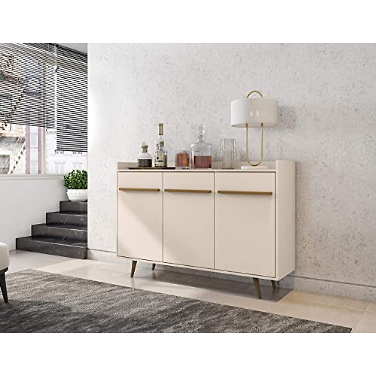 Manhattan Comfort Bradley Mid Century Modern Dining Room 4 Shelves Buffet Stand Cabinet, 53.54", Off White