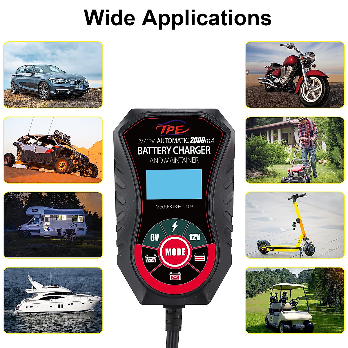 TPE Smart Battery Charger, 2 Amp Automatic Battery Charger 6V 12V Battey Charger Maintainer