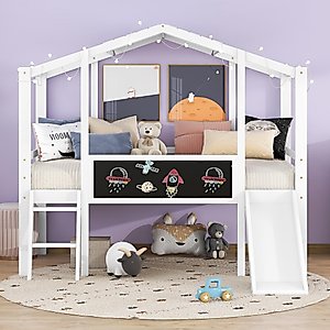 Kids House Bed with Slide, Twin Size Low Loft Bed with Light and Blackboard, Wood Treehouse Loft Bed with Ladder and Slats Support, White