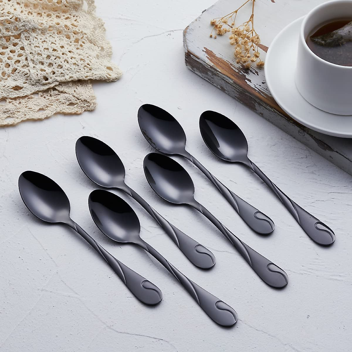 Black Dessert Spoon Set, Seeshine 6.5-inch Stainless Steel Shiny Black Teaspoon, Espresso Coffee Spoon, Set of 6