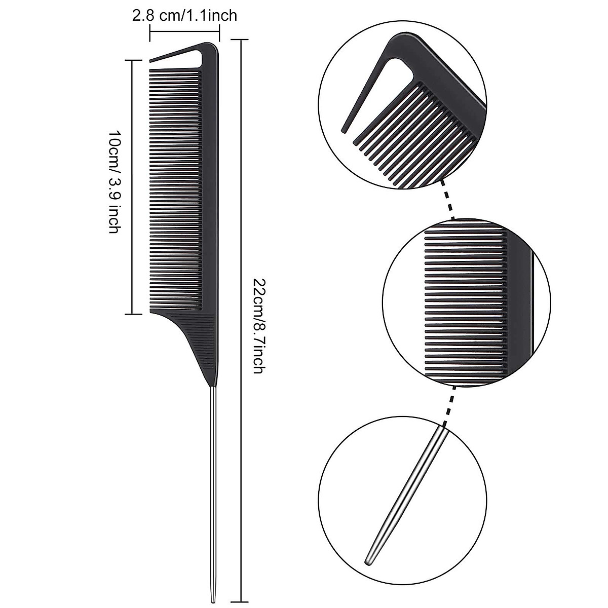16 Pieces Parting Comb Sectioning Clips Set, Carbon Stainless Rat Tail Combs Pintail Comb and Duckbill Hairpin Barber Teasing Parting Styling Combs for Hair Styling Hairdressing (Black)