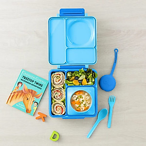 OmieBox Bento Box for Kids - Insulated Lunch Box with Leak Proof Thermos Food Jar - 3 Compartments, Two Temperature Zones (Sky Blue) (Single) (Packaging May Vary)