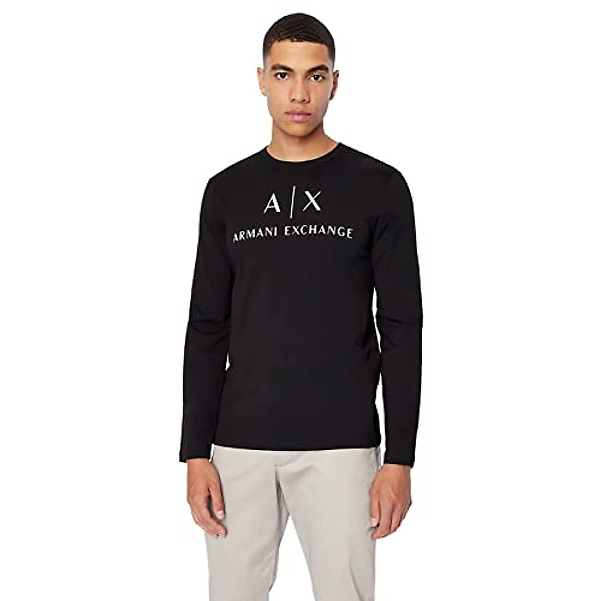 A|X ARMANI EXCHANGE mens A|x Armani Exchange Long Sleeve Logo Crewneck T-shirt T Shirt, Black, Large US