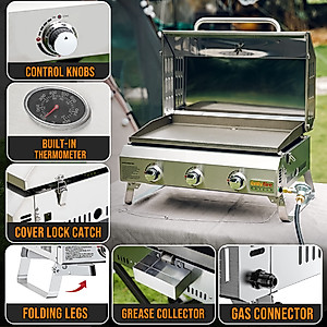 Onlyfire Flat Top Gas Griddle with Foldable Legs, 3-Burner Stainless Steel Propane Gas Grill Griddle, 24” Portable Tabletop Griddle for Outdoor Cooking Camping Tailgating RV, 24000 BTU, GS309
