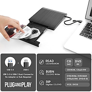 ROOFULL External CD DVD +/-RW Drive USB 3.0 & USB-C Portable CD/DVD ROM Player Burner Reader Writer Rewriter Optical Disc Drive for Laptop Desktop PC, Windows 11/10/8/7, Apple Mac, Linux OS