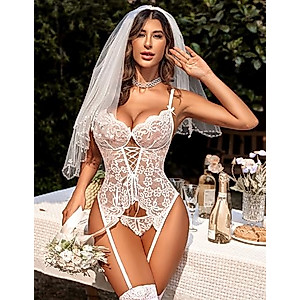 ADOME Women's Lace Lingerie Set with Garter Belts Lace Teddy Bodysuit with Panty White XXL