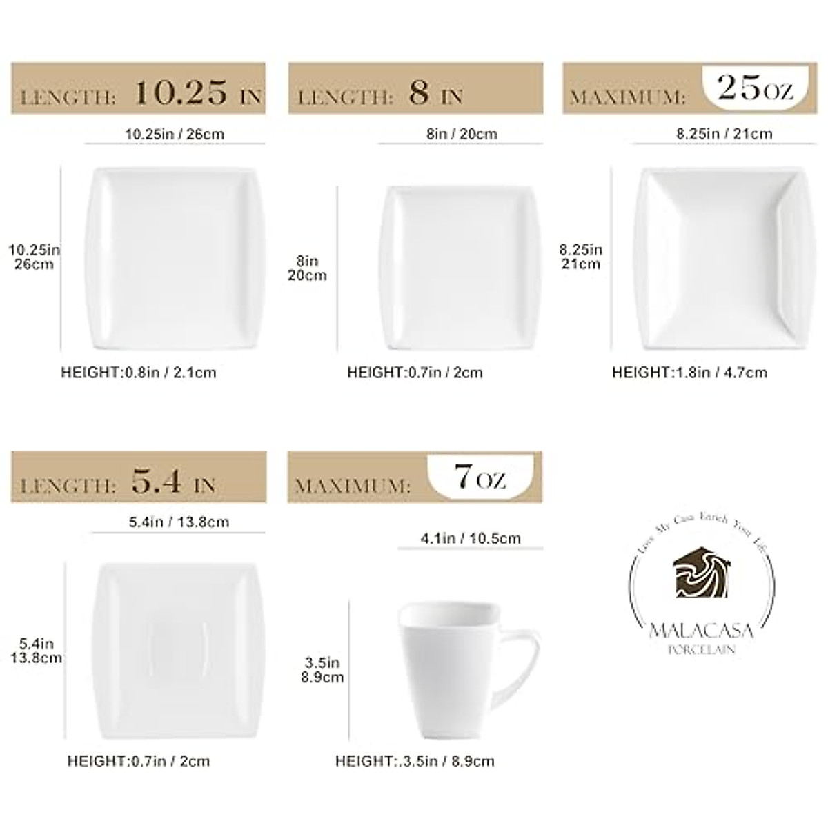 MALACASA Dinnerware Sets, 30 Piece Ivory White Plates and Bowls Sets for 6, Square Plates Dinnerware Set, Porcelain Dinnerware with Dinner Plates Set, Cup & Saucer, Modern Dish Set, Series Blance