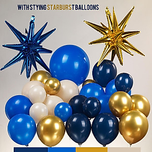 FROUFING Navy Blue Gold Balloon Garland Arch Kit 130PcS Royal Blue Gold Sand White Balloons with Starburst Balloons for birthday baby shower graduation 2024 New Year eve anniversary Decorations