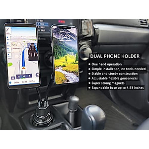 TIVORAZ Dual Phone Holder for Car Cup Holder – Double Car Phone Mount, Car Cup Holder Phone Mount, Expandable Base Phone Holder Car Cup Holder – Compatible with iPhone, Samsung, GPS (Magnetic Holders)