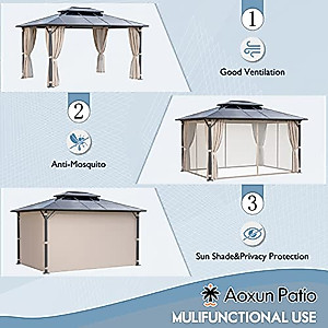 Aoxun 10'x13' Hardtop Gazebo, Outdoor Polycarbonate Double Roof Gazebo with Aluminum Frame Permanent Pavilion and Curtains & Netting for Backyard, Patio, Deck, Parties (Brown)