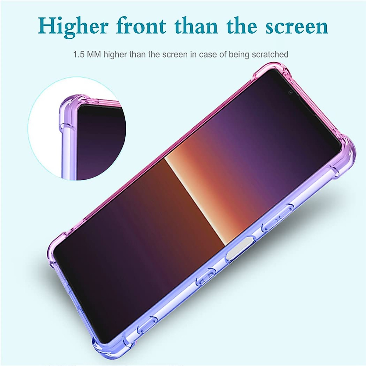 Vokuha for Xperia 1 II Case, XQ-AT51, XQ-AT52 Case with Tempered Glass Screen Protector,Cute Clear Gradient Slim Shockproof TPU Back Phone Protective Cover for Sony Xperia 1 II (Blue/Pink)