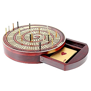 House of Cribbage - Cribbage Board Spiral Design Round Shape 4 Tracks Bloodwood/Maple with Place for Skunks, Corners & Won Games