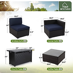 MFSTUDIO 8 Pieces Patio Furniture Set with 45" Plate Embossing Propane Fire Table,Outdoor PE Rattan Sectional Sofa Gas Pit Conversation Blue Cushions & Glass Table