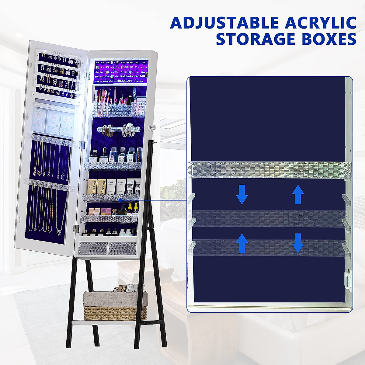 Lvifur LED Jewelry Armoire Freestanding, 42'' Full Length Mirror Large Capacity Jewelry Organizer Armoire with 8 LEDs, Lockable Floor Standing Mirror All in One for Bedroom (42'' White)