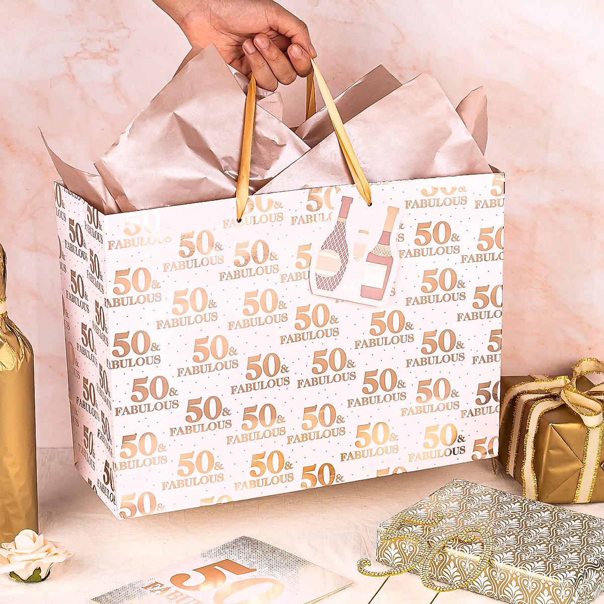LeZakaa 16" Large Gift Bag with Tissue Paper, Gift Tag and Card,50 & Fabulous Lettering with Metallic Gold Foil on Pink for Anniversary, Birthday