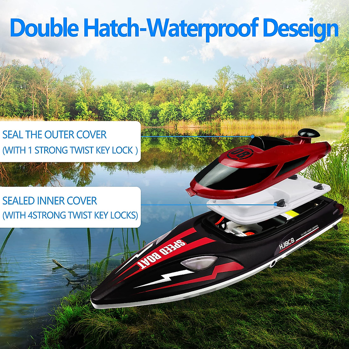 HONGXUNJIE 2.4Ghz RC Boat- 20+ MPH High Speed Remote Control Boat for Adults and Kids for Pools and Lakes with 2 Rechargeable Batteries, Low Battery Alarm, Capsize Recovery (RED)