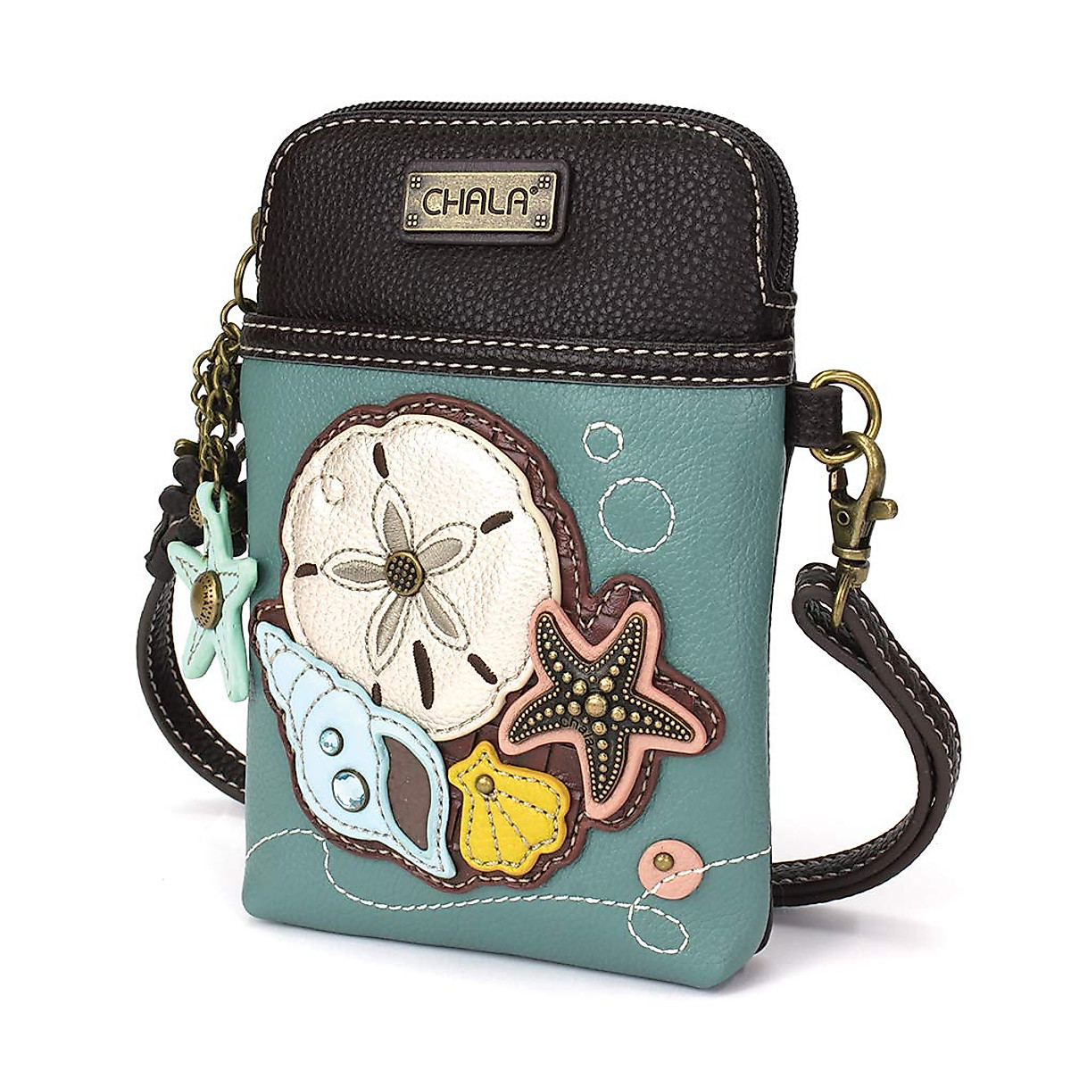 CHALA Cell Phone Crossbody Purse-Women PU Leather/Canvas Multicolor Handbag with Adjustable Strap - Sand Dollar - teal