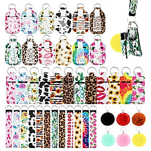 MODOWEY 54Pcs Travel Bottle Chapstick Lanyard Keychain Holders with Pom Pom Keychain