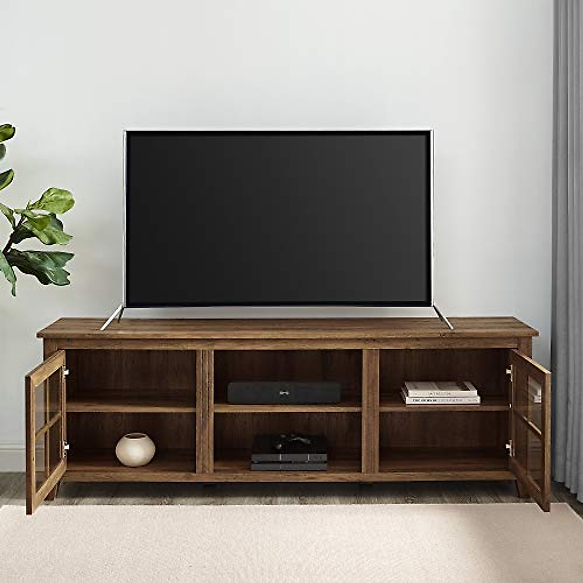 Walker Edison Portsmouth Classic 2 Glass Door TV Stand for TVs up to 80 Inches, 70 Inch, Rustic Oak