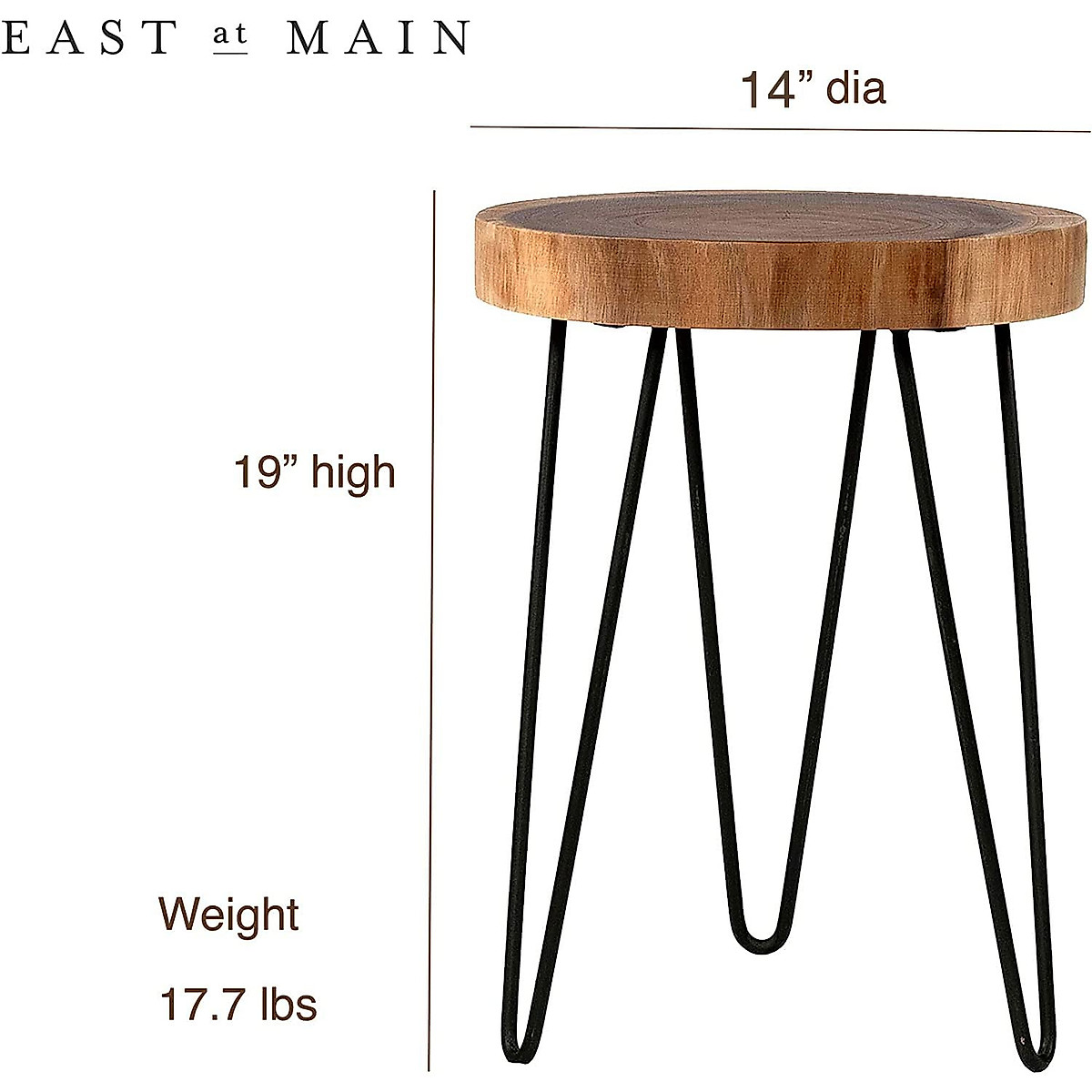 East at Main Round Stump End Table - 14” Dia x 19”h Solid 2 ¼ “ Teak Wood Slice w/Iron Metal Legs - Living Room, Bedroom, Farmhouse Decor - Rustic Live Edge Accent Table