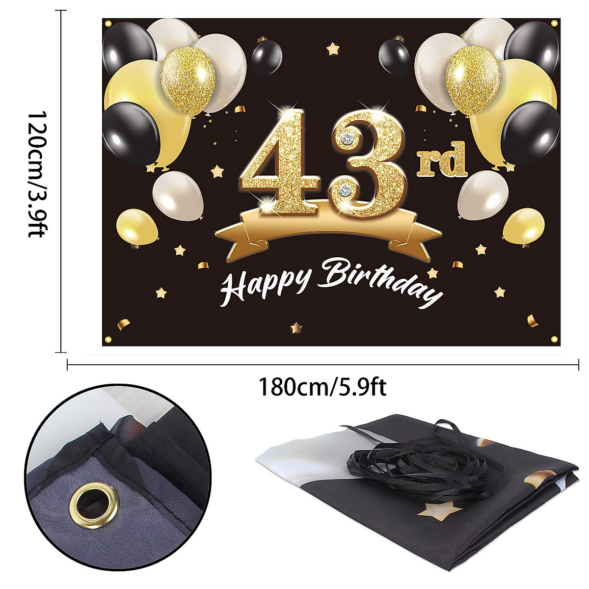 PAKBOOM Happy 43rd Birthday Banner Backdrop - 43 Birthday Party Decorations Supplies for Men - Black Gold 4 x 6ft