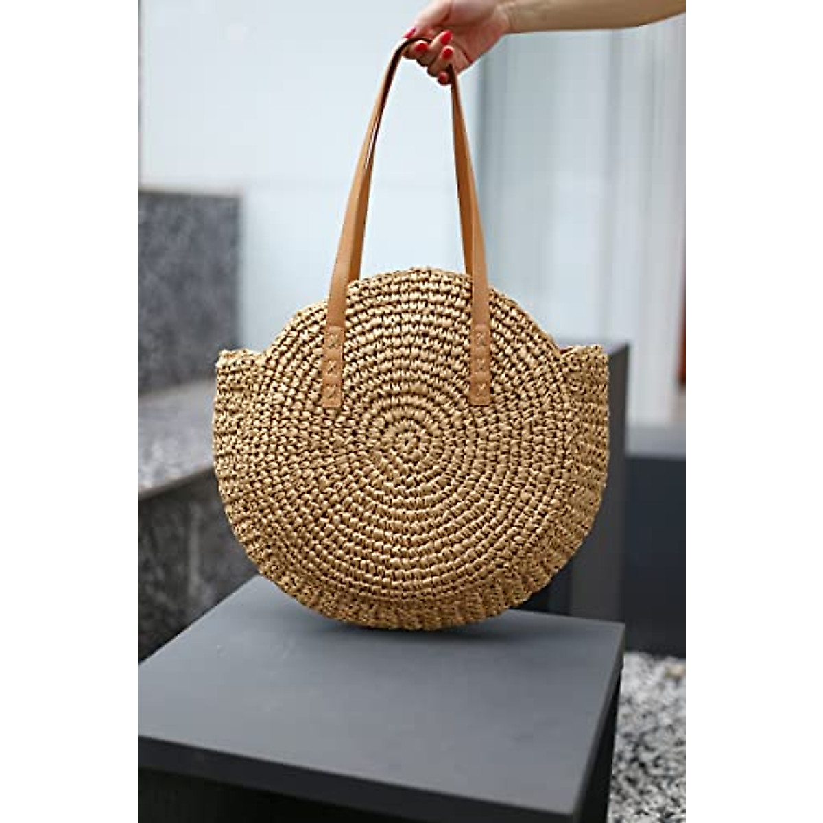 COOKOOKY Straw Beach Bag Summer Handmade Woven Shoulder Tote Bags Purse for Women (Round Khaki Bag and Rattan Earrings)