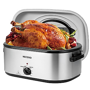 NECERO Roaster Oven,26Qt Electric Roaster Oven with Self-Basting Lid, Removable Pan, Cool-Touch Handles, 1450W Stainless Steel Roaster Oven, Silver